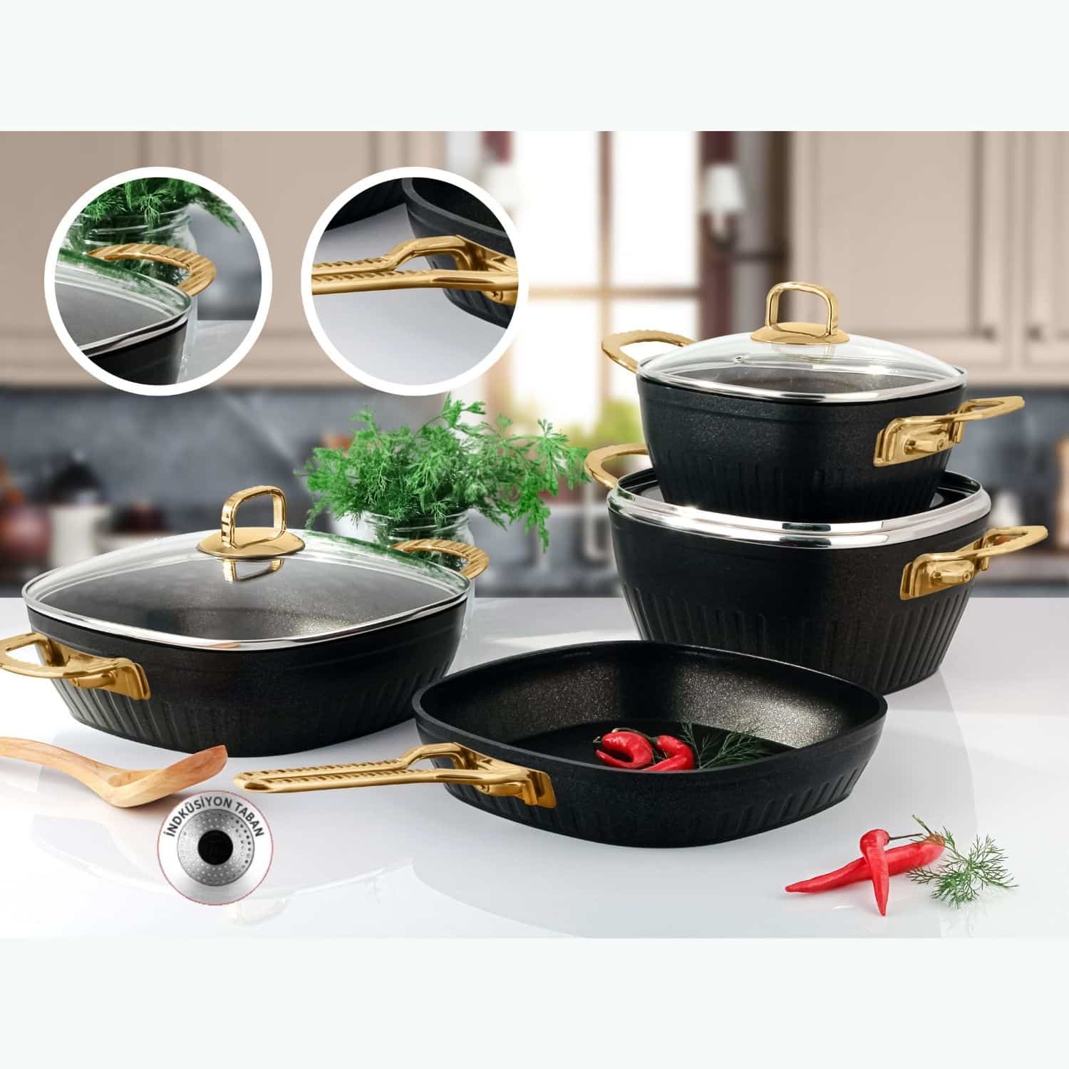 Lines Defne 7 Parça Altın Metal Kulplu İndüksiyon Taban Kare Granit ...